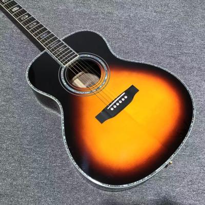 China Solid Spruce Wood OM Round Body Ebony Fingerboard Full Abalone Binding Classic Acoustic Electric Guitar in Sunburst for sale