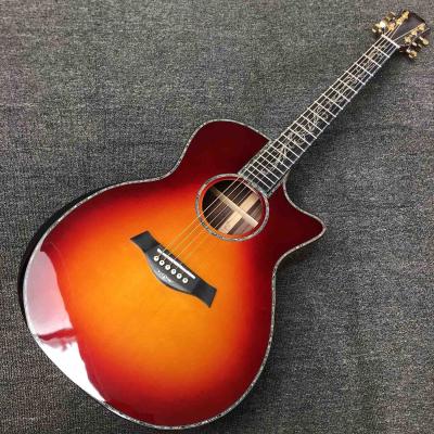 China Custom Grand Solid Spruce Top Ebony Fingerboard Cutaway Arm Rest Abalone Inlays Acoustic Guitar with Open Tuner in Cherr for sale