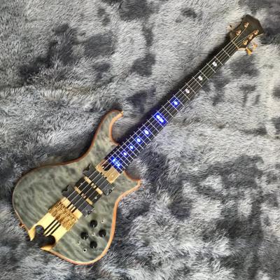 China Custom Grand Neck Through Body Flamed Maple Top 5 Strings Bass Guitar Alem Cut Bottom Side LEDs for sale