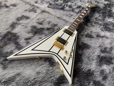 China Custom Jackson V electric guitar white color in black strips with gold hardware accept guitar OEM for sale