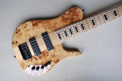 China Custom 6 Strings Neck Thru Body Electric Bass Guitar with 24 Frets Active Pickup Maple Fretboard Natural Wood Color for sale
