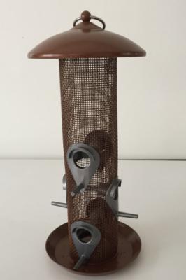 China SS Hanging Unique Bird Feeders 6 Plastic Feeding Port Brown Metal Lid And Bottom for sale