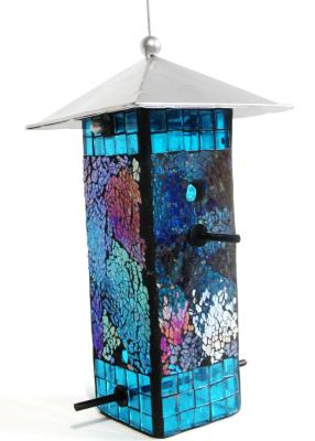 China Colorful Mosaic Bird Feeder With Silver Metal Roof Four Feeding Perch for sale
