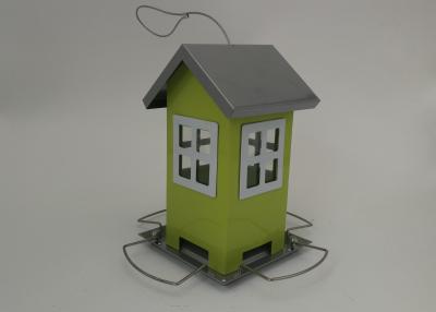 China 4 Feeding Port Seeds Metal Bird Feeders Light Green House With Silver Roof for sale