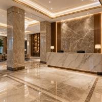 China 8mm High Gloss Stone PVC Wall Panel 400mm Wide for Hotel Lobby Column Elevator Cladding for sale