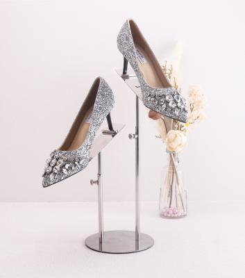 China Two Heads Shoes Display Stands Mirror Silver Shoe Display Shelf For Men Women for sale