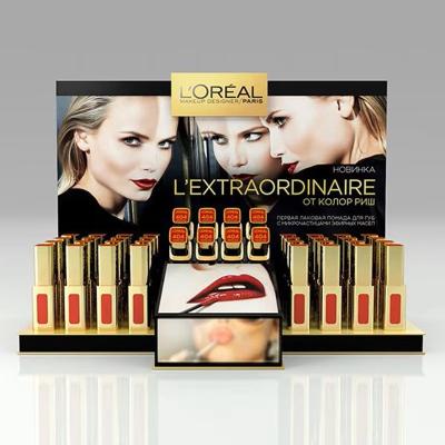 China Oil Lamination Plastic Pop Display Stand UV Printing Cosmetic Makeup Display Stand for sale