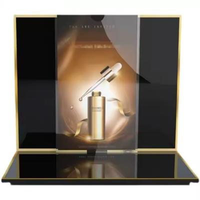 China Oil Lamination Plastic Pop Display Stand UV Printing Cosmetic Makeup Display Stand for sale