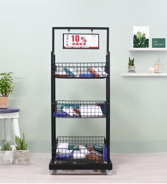 Quality Wheeled Supermarket Metal Retail Display Racks Steel 3 Tier Display Stand for sale