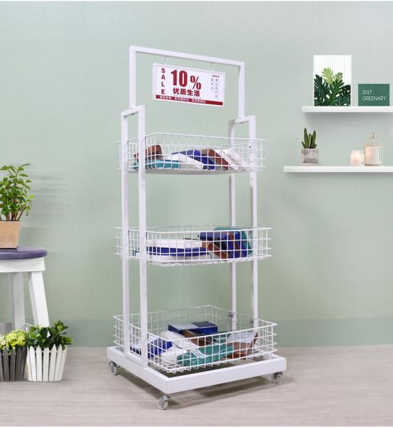 Quality Wheeled Supermarket Metal Retail Display Racks Steel 3 Tier Display Stand for sale