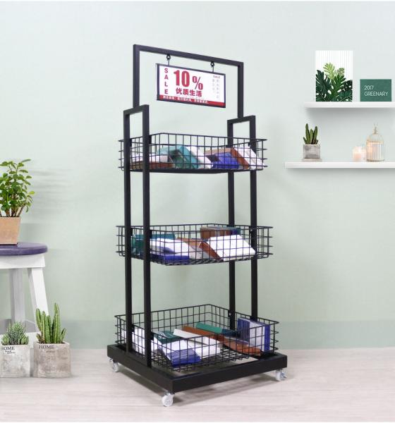 Quality Wheeled Supermarket Metal Retail Display Racks Steel 3 Tier Display Stand for sale