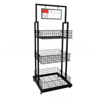 China Wheeled Supermarket Metal Retail Display Racks Steel 3 Tier Display Stand for sale