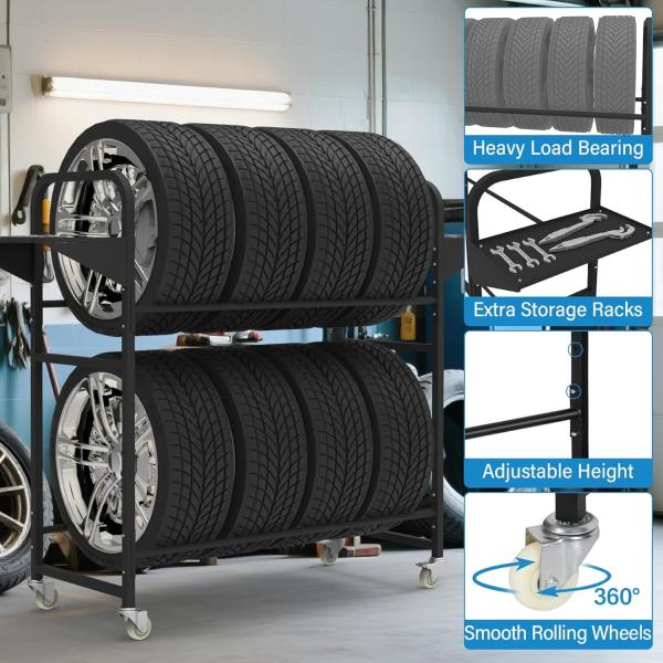 Quality 2 Layer Metal Display Stands Metal Rolling Garage Tire Storage Rack Shelving for sale