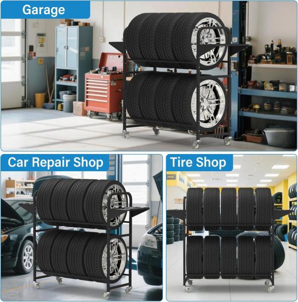 Quality 2 Layer Metal Display Stands Metal Rolling Garage Tire Storage Rack Shelving for sale