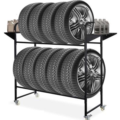 China 2 Layer Metal Display Stands Metal Rolling Garage Tire Storage Rack Shelving Polishing for sale