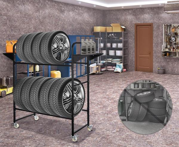 Quality 2 Layer Metal Display Stands Metal Rolling Garage Tire Storage Rack Shelving for sale