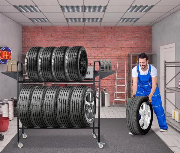 Quality 2 Layer Metal Display Stands Metal Rolling Garage Tire Storage Rack Shelving for sale