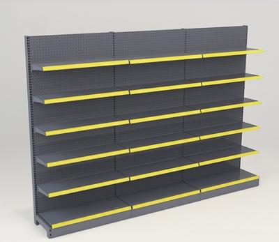China 5 Tier Metal Display Rack Gondola Shelving Display Rack With Hooks For Grocery Store for sale