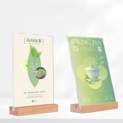 China Bottom Insert Clear Metal Poster Stand Tabletop Wood Base Acrylic Sign Holder for sale