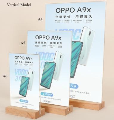 Bottom Insert Clear Metal Poster Stand Tabletop Wood Base Acrylic Sign Holder