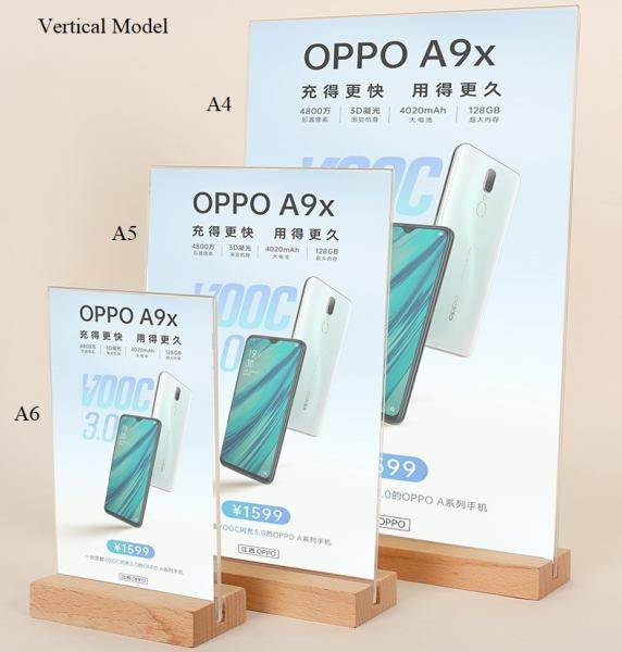 Quality Bottom Insert Clear Metal Poster Stand Tabletop Wood Base Acrylic Sign Holder for sale