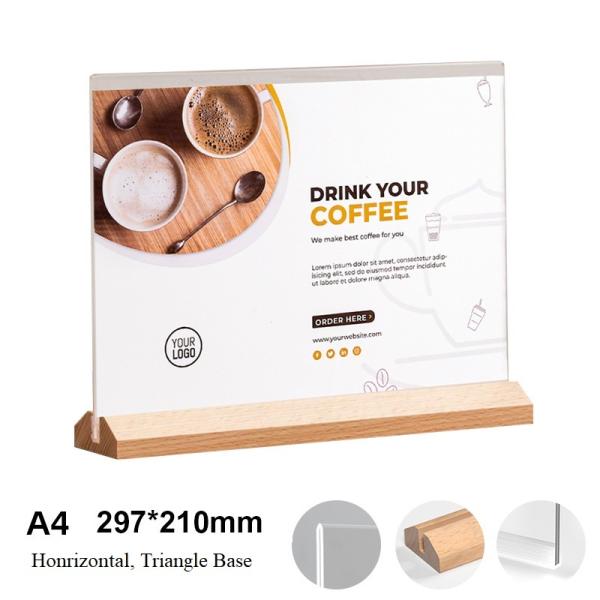 Quality Bottom Insert Clear Metal Poster Stand Tabletop Wood Base Acrylic Sign Holder for sale