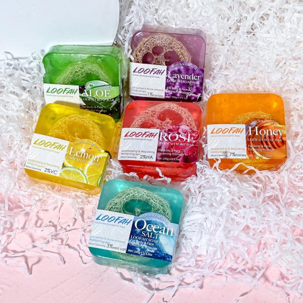 Quality 100g Handmade Glycerine Soap Multiple Fragrance Exfoliating Soap Bar Square With Embedded Loofah Pad for sale