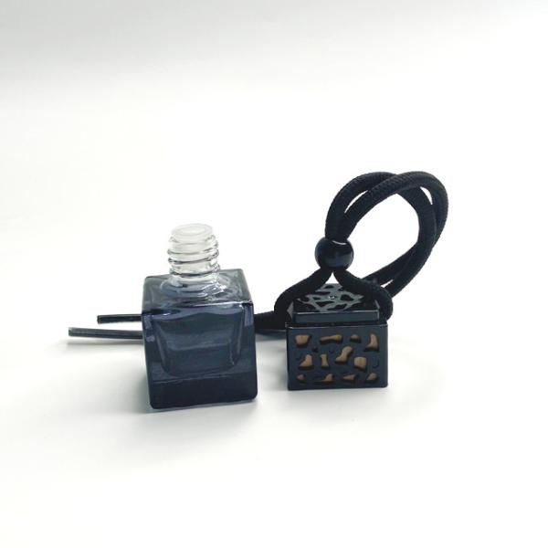 Quality Unique 8ml Black Glass Car Perfume Hanging Bottle With Black Lid for sale