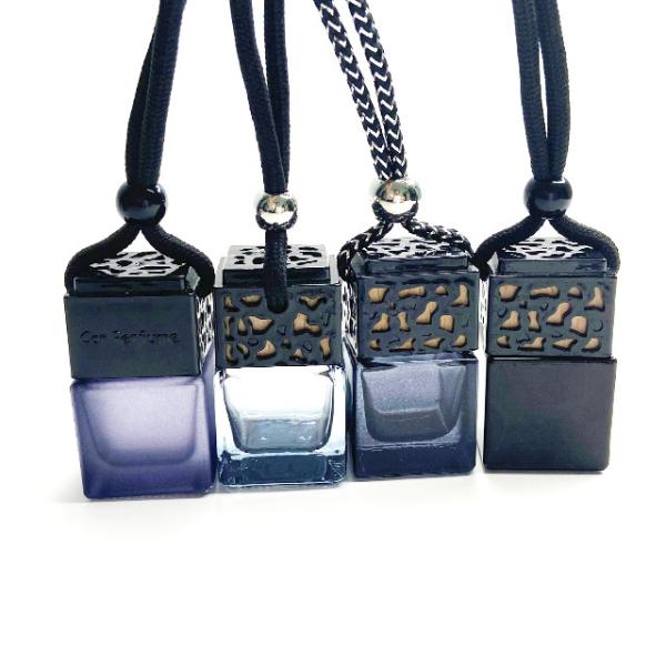 Quality Unique 8ml Black Glass Car Perfume Hanging Bottle With Black Lid for sale