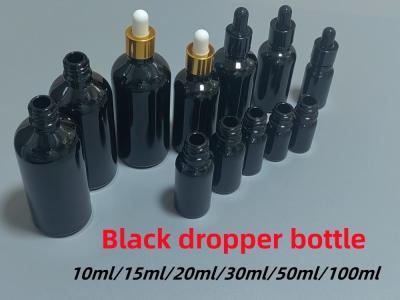Cina Nero 10, Ml 15ml 20ml 30ml 50ml vuoto rotondo nero lucido Vetro Bottiglia gocciolante per olio essenziale con anello in oro di plastica in vendita