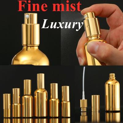 Cina Luxury Brillante 30ml 50ml 60ml Oro Electroplate UV Siero vetro dorato olio essenziale bottiglia gocciolante di vetro con testa spray in vendita