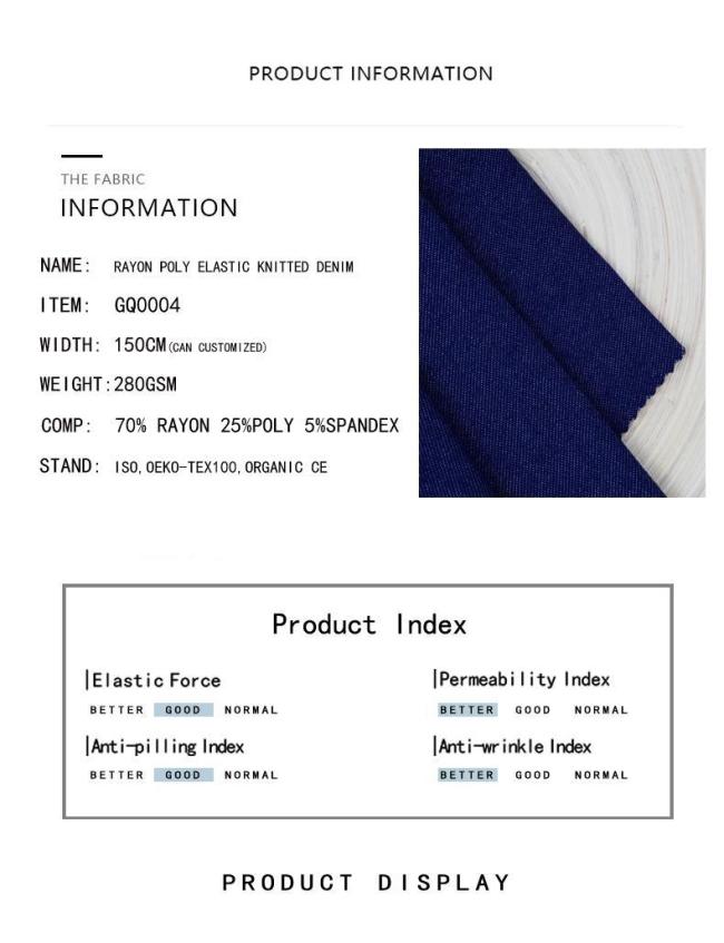 Rayon Polyester Elastic Knitted Denim Fabric