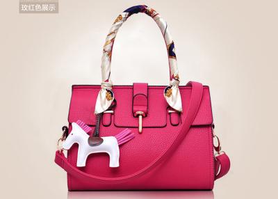 China Litchi chinensis grain PU Fashion Ladies Handbags with pony ornaments Pink Color tote bags for sale