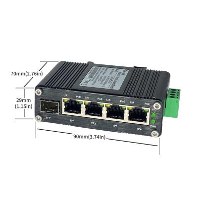 中国 ミニ工業用10/100/1000M 802.3at PoE 4GE+1SFPイーサネットスイッチ、12～48VDC入力および電圧ブースター 販売のため