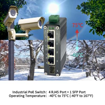 中国 ミニ工業用10/100/1000M 802.3at PoE 4GE+1SFPイーサネットスイッチ、12～48VDC入力および電圧ブースター 販売のため