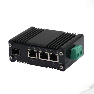 China Mini Industrial 3-Puerto 10/100/1000T 802.3at PoE + 1-Puerto 100/1000X SFP Switch Ethernet con entrada de 12~48VDC y potenciador de voltaje en venta