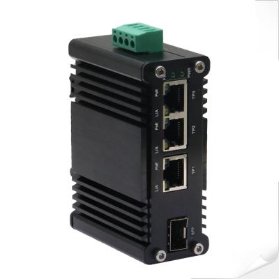 China Mini Industrial 3-Puerto 10/100/1000T 802.3at PoE + 1-Puerto 100/1000X SFP Switch Ethernet con entrada de 12~48VDC y potenciador de voltaje en venta