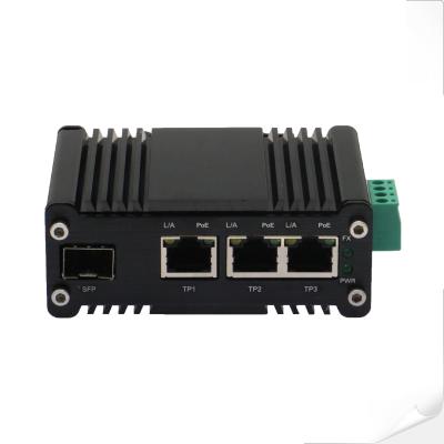 China Mini Industrial 3-Puerto 10/100/1000T 802.3at PoE + 1-Puerto 100/1000X SFP Switch Ethernet con entrada de 12~48VDC y potenciador de voltaje en venta