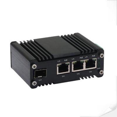 China Mini Industrial 3-Puerto 10/100/1000T 802.3at PoE + 1-Puerto 100/1000X SFP Switch Ethernet con entrada de 12~48VDC y potenciador de voltaje en venta