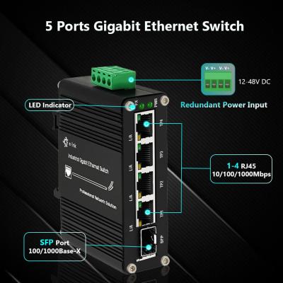 Китай Миниатюрный промышленный 4-портовый коммутатор Ethernet 10/100/1000T 802.3at PoE + 1-портовый 100/1000X SFP с входным напряжением 12~48 В постоянного тока и повышающим преобразователем напряжения продается