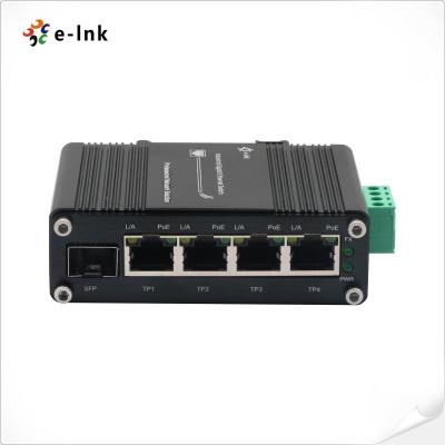 Китай Миниатюрный промышленный 4-портовый коммутатор Ethernet 10/100/1000T 802.3at PoE + 1-портовый 100/1000X SFP с входным напряжением 12~48 В постоянного тока и повышающим преобразователем напряжения продается