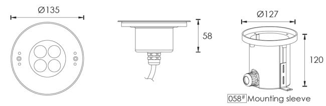 Dimensional drawing for 4*2W or 4*3W LED Pool Lights