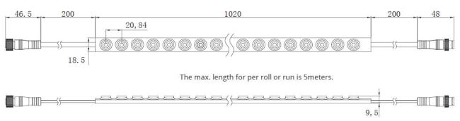 dimensional drawing for CRI90 IP67 asymmetrical or symmetrical flexible led wall washing strip light for indoor or outdoor lighting