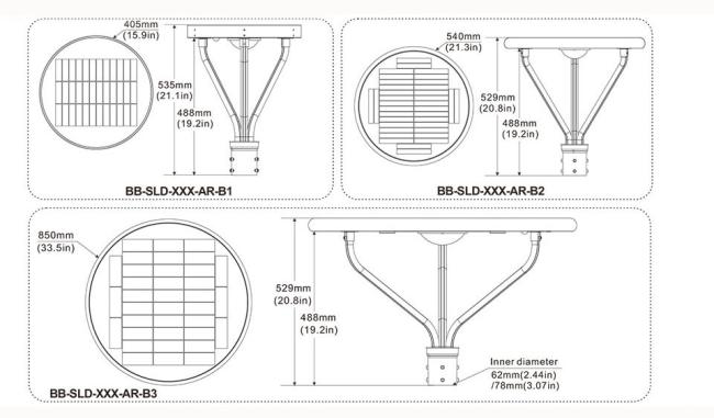 solar powered led post light dimension 15W 20W 25W 50W 80W 100W