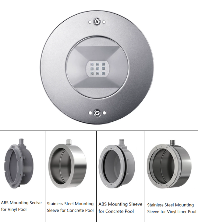 316 stainless steel pool light with ABS or stainless steel mounting sleeve for concrete or vinyl liner pool