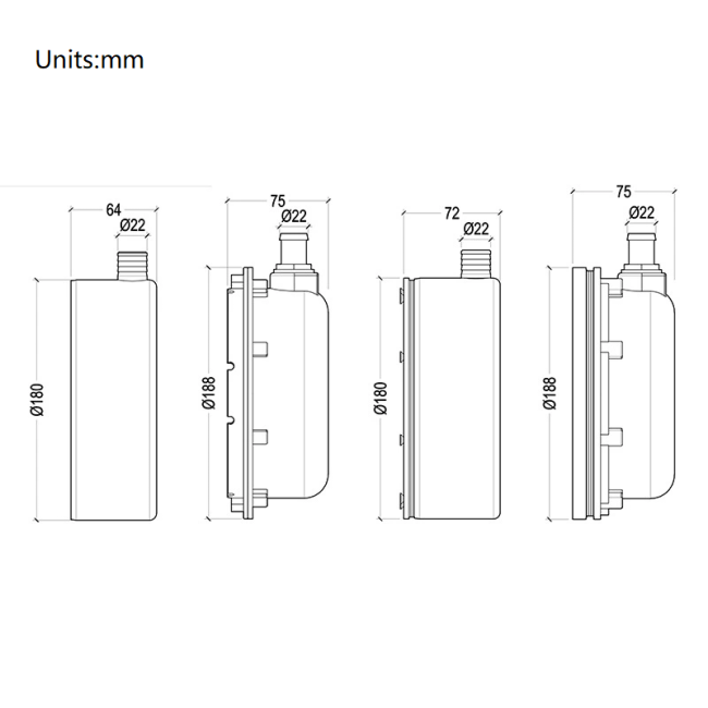 dimension for different mounting sleeve for underwater luminaires