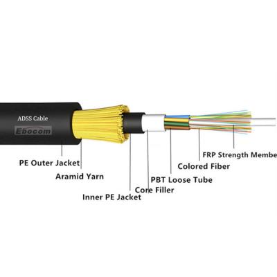 Cina Cavo ad alta velocità ADSS in fibra ottica per esterni g652d 24 fili a nucleo singolo di 300 filati di aramide doppia giacca PE in vendita
