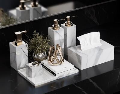 China Arabescato Corchia Stone Soap Dispenser Set Marble Pump Bottles Decorative For Hotels for sale