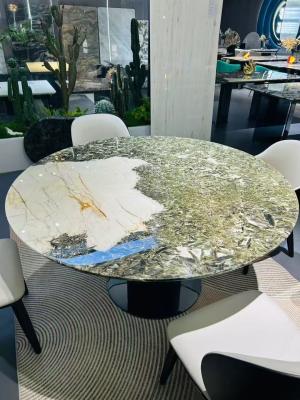 China Brazilian Green Marble Dining Table Marble Kitchen Table Oil Resistant Modern Minimalist Style for sale