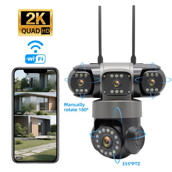 Quality 4-Lens Security Cameras Wireless for Home Surveillance Outdoor, 4*2MP FHD WiFi Surveillance Camera, PTZ 360° Coverage, 2-Way Audio, Color Night Vision, IP65 Waterproof, AI Motion Detection, Remote Acc for sale